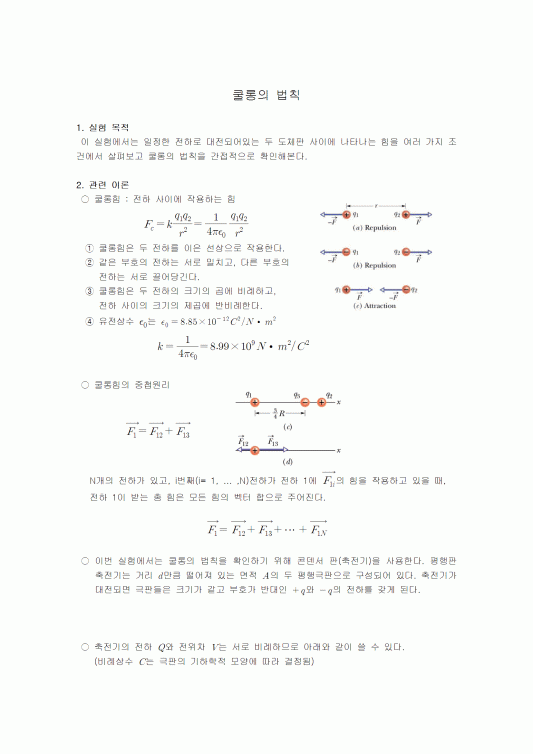 [물리] 쿨롱의 법칙 - 일정한 전하로 대전되어있는 두 도체판 사이에 나타나는 힘을 여러 가지 조건에서 살펴보고 쿨롱의 법칙을 간접적으로 확인
