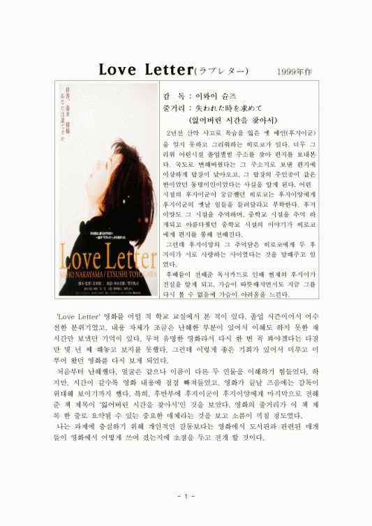 [감상문] 러브 레터 (Love Letter/ラブレタ-), 코코로 도서관 (風の强かった日)