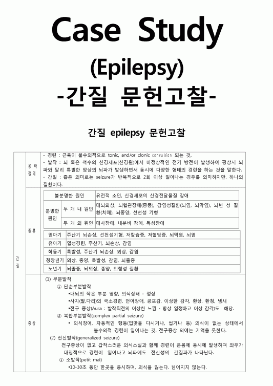 [성인간호학][간질]케이스스터디(Case Study)[Epilepsy],문헌고찰