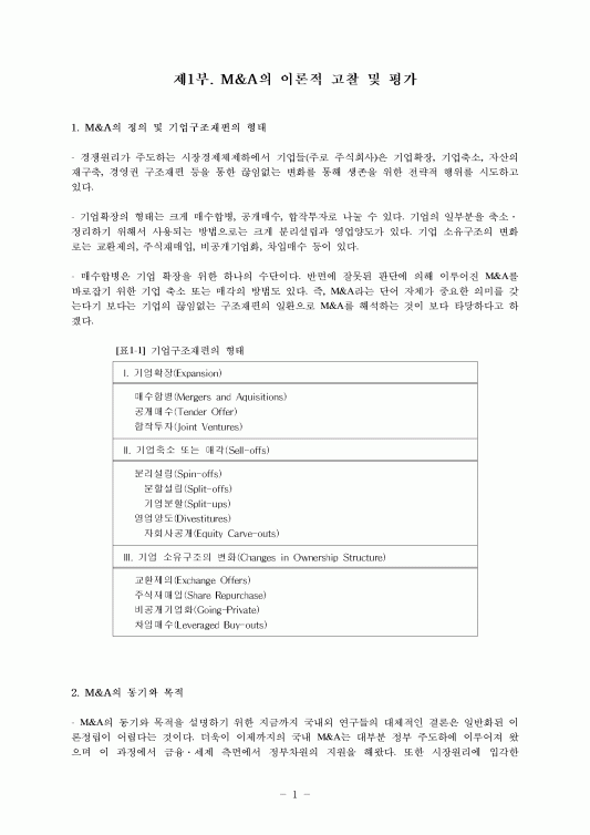 M&A의 이론적 고찰 및 평가