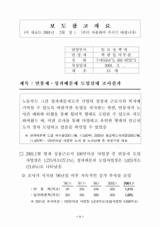 2001년 연봉제·성과배분제 도입실태 조사결과