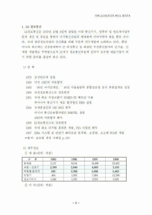 [국제경영] LG정보통신 기업분석 (베트남 마케팅전략 경영전략 기업경영