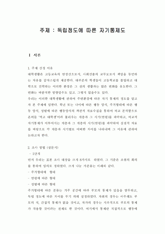 독립정도에 따른 자기통제도(대학생활)