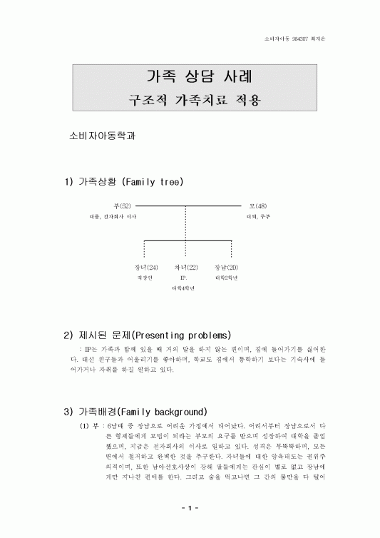 가족 상담 사례(구조적 가족치료 적용)