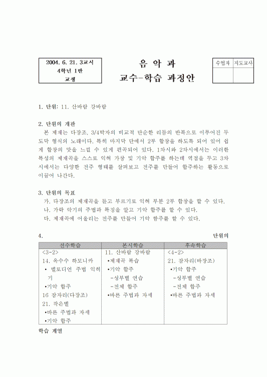 초등 4학년 음악  지도안