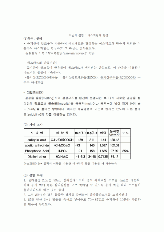 [실험보고서] 아스피린의 합성 [자연과학]