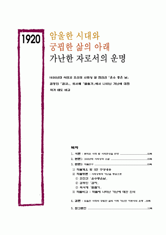 1920년대 식민지 조선의 사회상 및 현진건 ｢운수 좋은 날｣김동인 ｢감자｣, 최서해 ｢탈출기｣에서 나타난 가난에 대한 비교