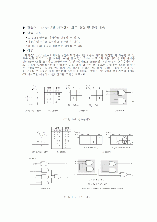 4-bit 2진 가감산기 회로 조립 및 측정 작업