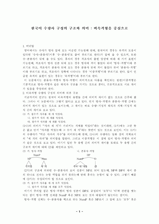 한국어 수량사 구성의 구조와 의미 : 비속격형을 중심으로