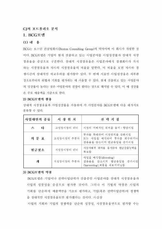 CJ의 포트폴리오 분석(예시)