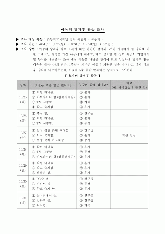 아동의 방과후 활동