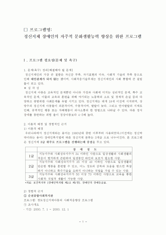 정신지체 장애인의 자주적 문화생활능력 향상을 위한 프로그램