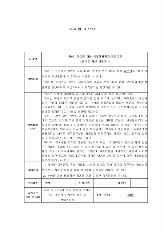 시설아동 학교적응에 관한 프로포절(프로그램 개발과 평가)