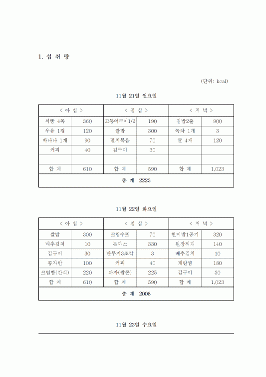 섭취 칼로리와 소비 칼로리의 비교 분석