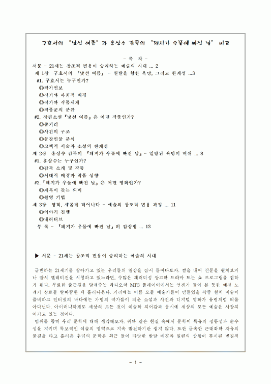 구효서의 “낯선 여름”과 홍상수 감독의 “돼지가 우물에 빠진 날” 비교