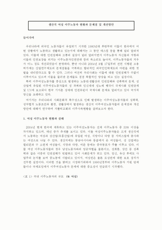 여성 이주노동자 현황과 문제점 및 개선방안