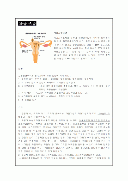 모성간호]GY 자궁근종의 원인과 증상 및 제거술 과정(사진파일 포함)