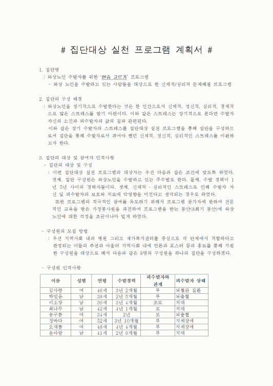 집단대상 실천 프로그램 계획서 -와상노인 수발자를 위한 ‘한숨 고르기’ 프로그램