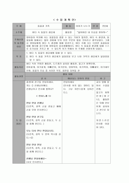 유아교육과 수업지도안 (만 2세 영아 대상 학습지도안, 주제 : 바다 속 동물의 생김새 )