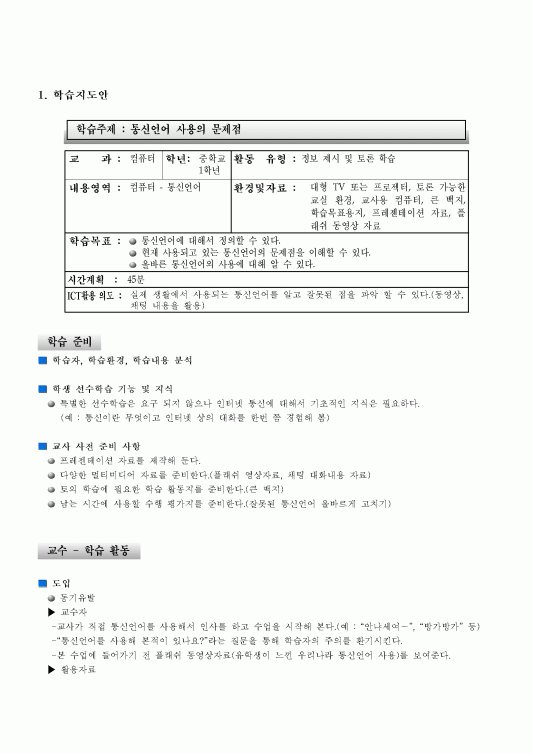 학습지도안 - 통신언어 사용과 예절 (중1대상 컴퓨터 교과목)