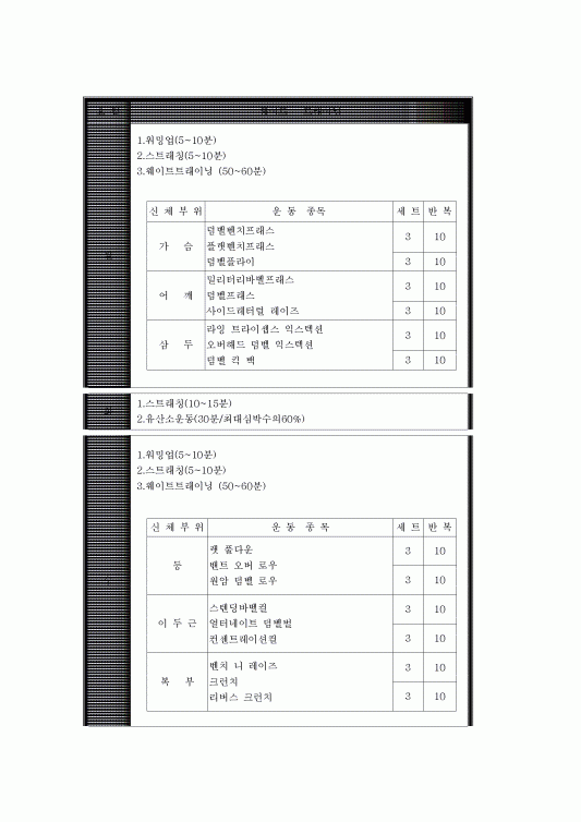 웨이트트레이닝 스캐줄표