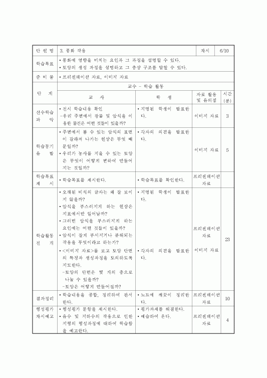 중학교 1학년 풍화작용- 세부지도안