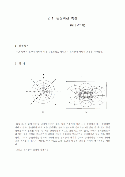 등전위선 측정 등전위면 전위차 전기력선 원형 고정 전극 막대 고정 전극 속이 찬 원통