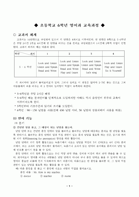 초등학교 6학년 영어과 교육과정에 대하여