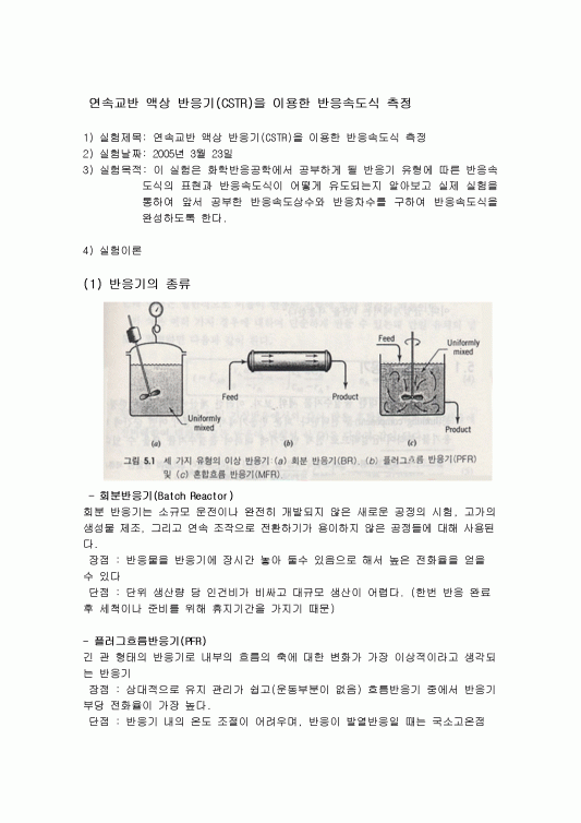 연속교반 액상 반응기(CSTR)을 이용한 반응속도식 측정 예비