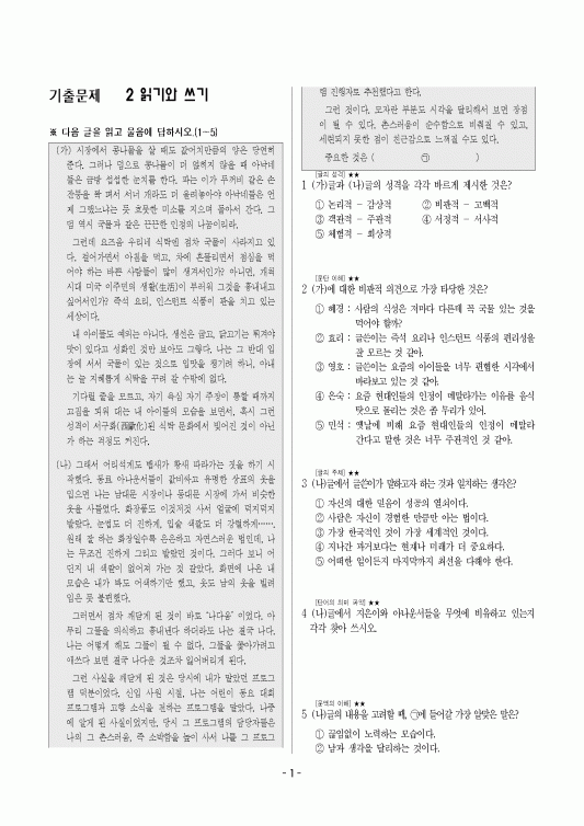 [과외]중학 국어 1-1학기 중간 2단원 읽기와 쓰기 기출문제