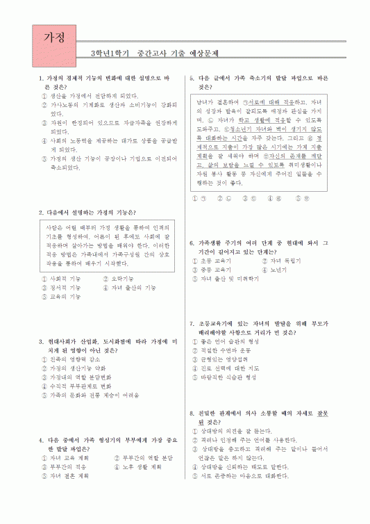 [과외]중학 가정3-1학기 중간 예상문제 17