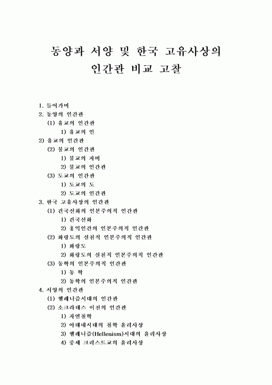 [동양 인간관][서양 인간관][한국 인간관][인간관 비교][인간관][동양][서양][한국]동양과 서양 및 한국 고유사상의 인간관 비교 고찰(인간관, 동양의 인간관, 한국 고유사상의 인간관, 서양의 인간관)