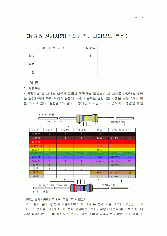 전기저항(옴의법칙, 다이오드특성)<일반물리학실험//형설출판사//경희대학교>