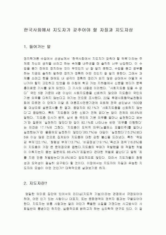 한국사회에서 지도자가 갖추어야 할 자질과 지도자상