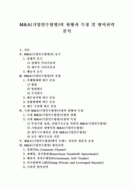 [M&A][기업인수합병]M&A(기업인수합병)의 현황과 특징 및 방어전략 분석(M&A(기업인수합병)시장 현황과 특징, M&A(기업인수합병)에서 브랜드자산 법률적 효과, M&A(기업인수합병) 방어전략, 기업인수합병)