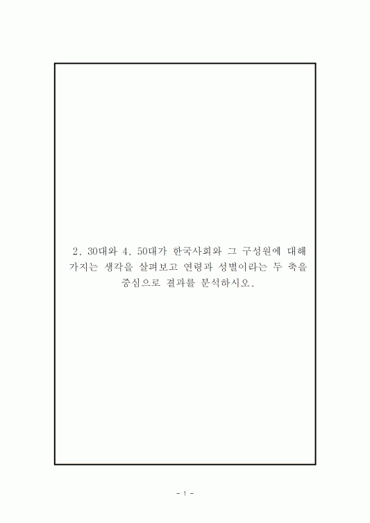 2, 30대와 4, 50대가 한국사회와 그 구성원에 대해 가지는 생각을 살펴보고 연령과 성별이라는 두 축을 중심으로 결과를 분석하시오