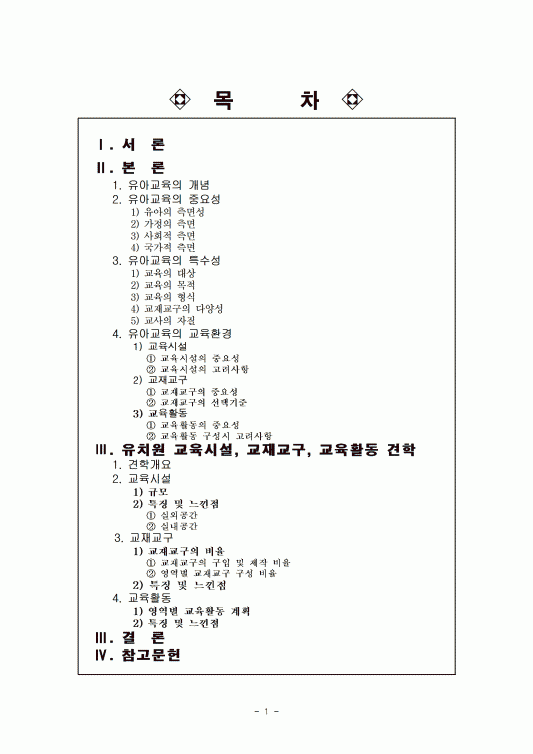 [유아교육개론] 유아교육의 중요성 특수성 및 유치원 어린이집 교육시설 교재교구 교육활동 견학후 느낀점