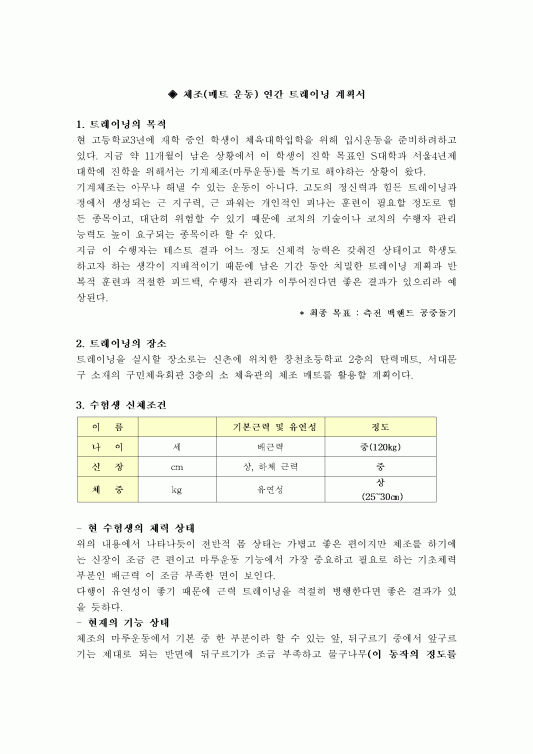 체조(매트 운동) 연간 트레이닝 계획서