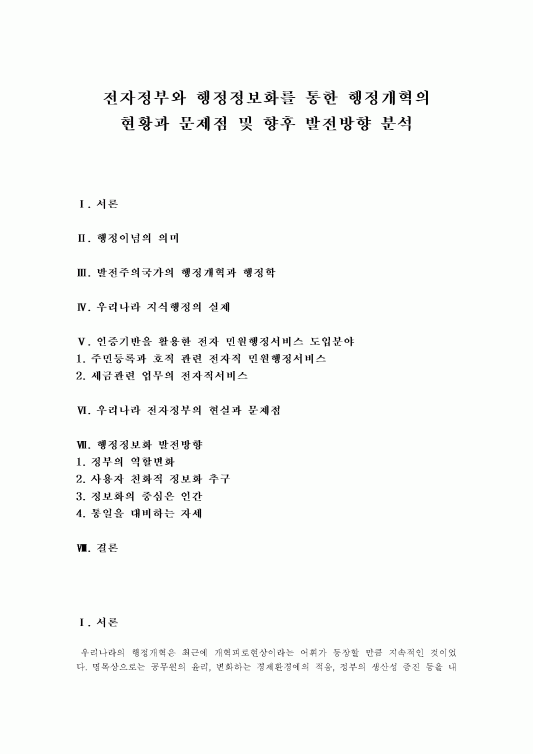 [전자정부][행정정보화][행정개혁]전자정부와 행정정보화를 통한 행정개혁의 현황과 문제점 및 향후 발전방향 분석(행정이념의 의미, 행정개혁과 행정학, 지식행정의 실제, 행정정보화 발전방향, 전자정부,행정개혁)