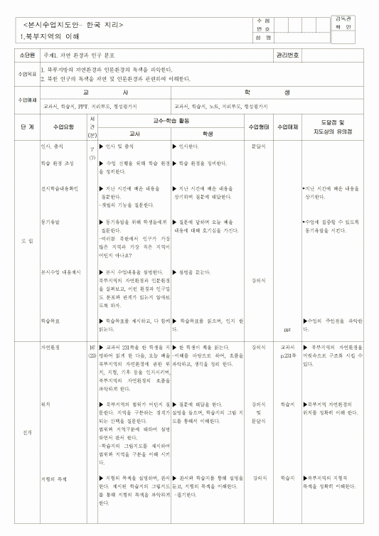 학습지도안(한국지리-북부지역의 이해 -자연.인문 환경과 인구분포)