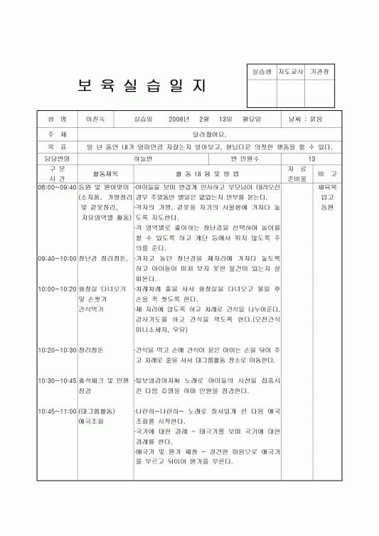 보육실습일지 한달동안 어린이집에서 보육실습하면서 실습일지 작성한 것입니다.