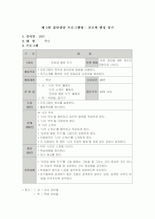 집단상담 프로그램 - 진로 프로그램