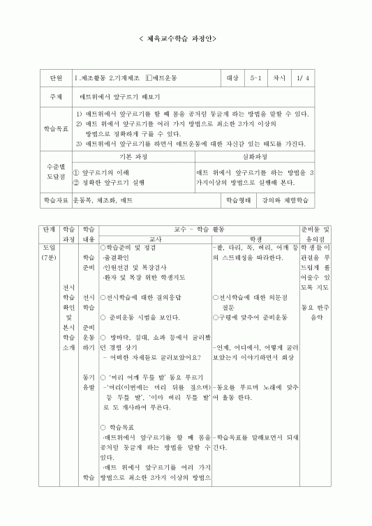 앞구르기(매트운동) 과정안