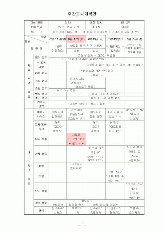 [유아 수업지도안 및 활동계획안] 주간계획안과 일일 계획안 작성 (아토피 예방 지도안 작성)