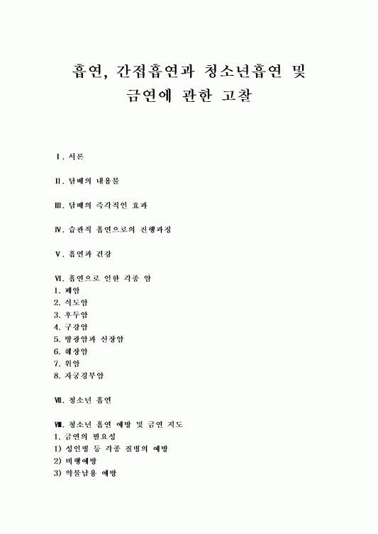 [흡연][금연]담배의 내용물, 담배의 즉각적인 효과, 습관적 흡연으로의 진행과정, 흡연과 건강, 흡연으로 인한 각종 암, 청소년 흡연, 청소년 흡연 예방 및 금연 지도, 간접흡연, 금연실태 및 동기, 금연과 금연의지