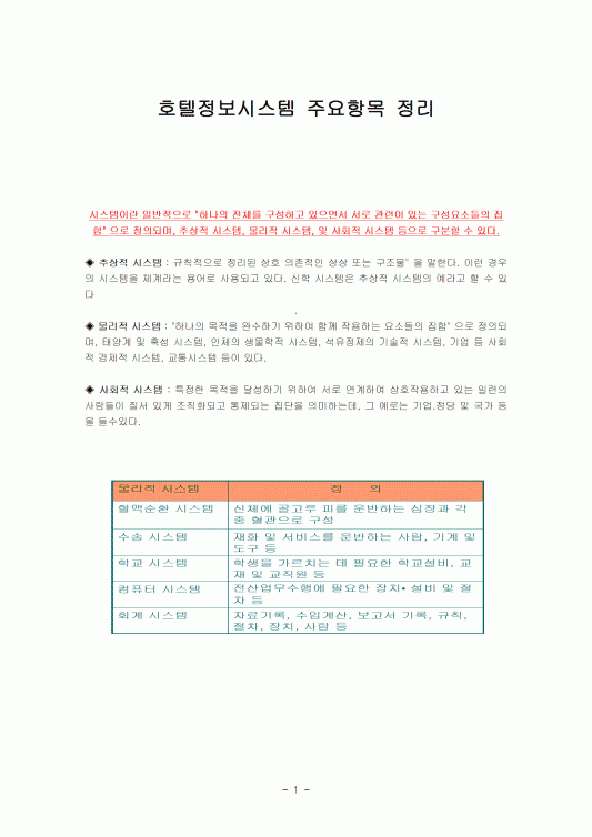 호텔정보시스템 주요항목 정리