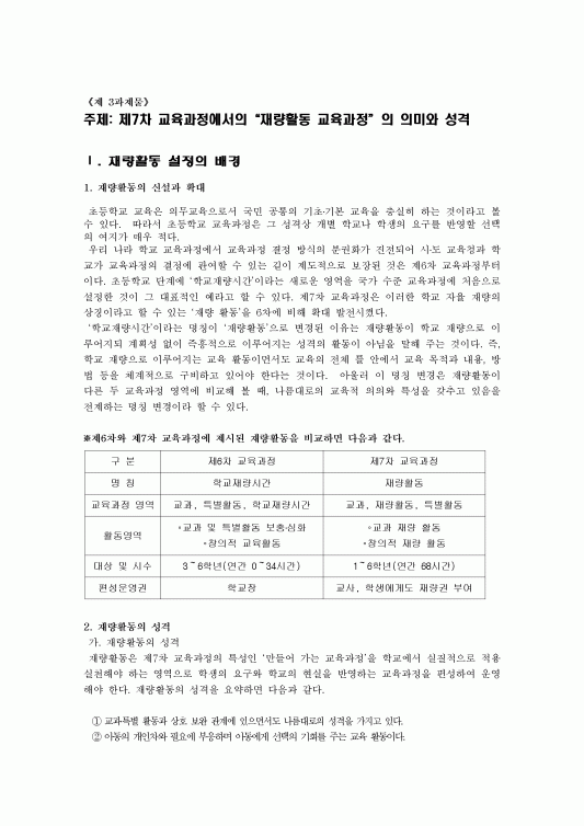 7차 교육과정에서의 재량활동 교육과정의 의미와 성격