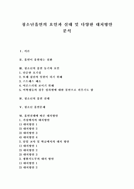 [청소년흡연][흡연][금연]청소년흡연의 요인과 청소년흡연의 실태 및 다양한 대처방안 분석(흡연이 유발하는 질환, 청소년의 흡연 동기와 요인, 청소년의 흡연 실태, 청소년 흡연문제, 흡연실태에 따른 대처방안)