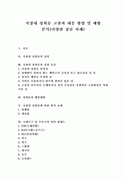 [성폭력]직장내 성희롱의 정의, 직장내 성희롱의 성립요건, 직장내 성희롱에 관한 법적 규제, 성희롱 상담 사례, 직장내 성희롱 금지 및 예방을 위한 사업주의 의무, 직장내 성희롱 예방교육의 내용과 방법 분석