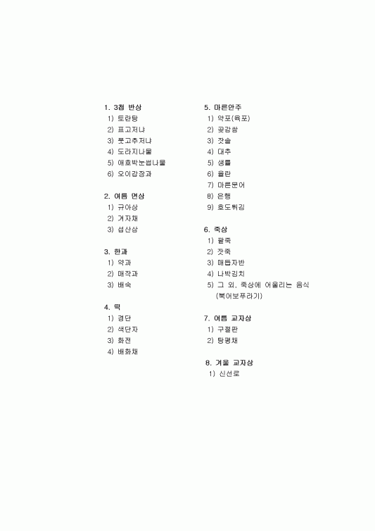 한국조리(3첩 반상, 여름 면상, 한과, 떡, 마른안주, 죽상, 여름 교자상, 겨울교자상)레시피